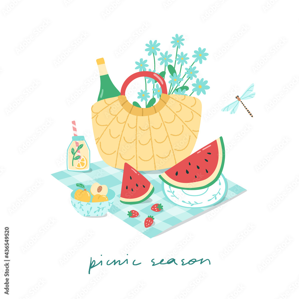 Vector illustration of summer picnic concept. Straw bag, fresh ...