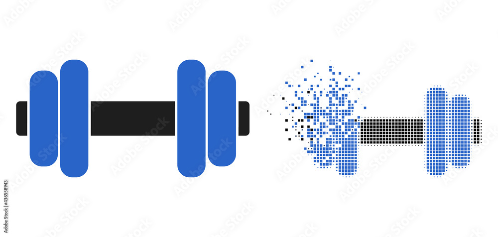 Dispersed pixelated barbell vector icon with destruction effect, and ...