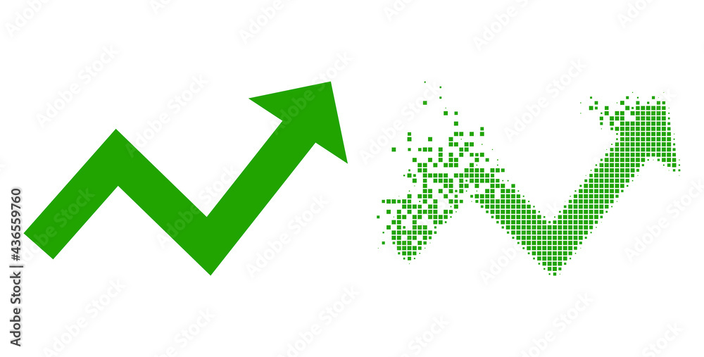 Dispersed dotted trend up arrow vector icon with destruction effect ...
