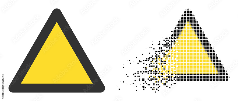 Fractured pixelated warning triangle vector icon with destruction ...