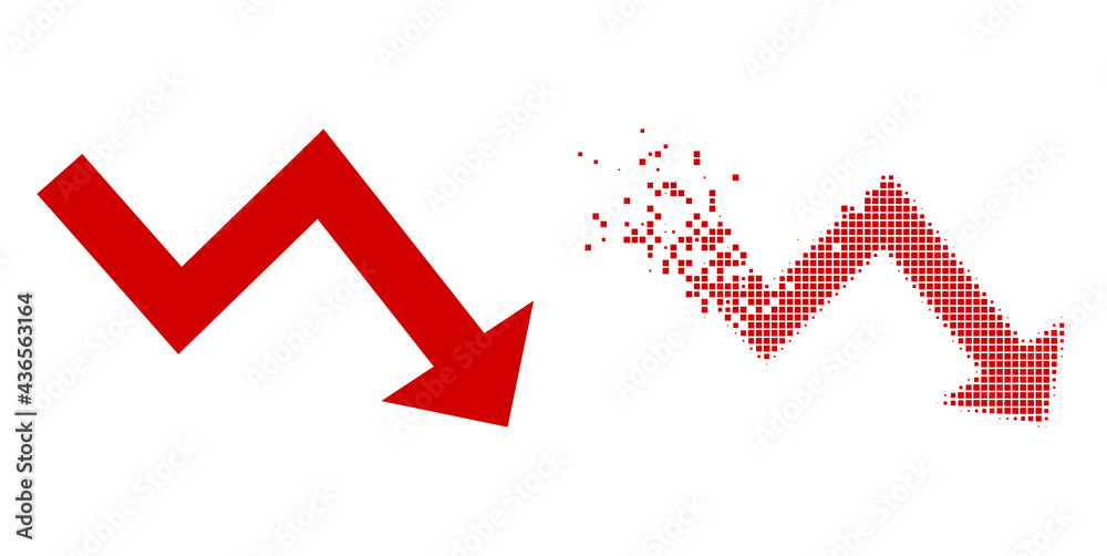 Dispersed pixelated recession arrow vector icon with wind effect, and ...