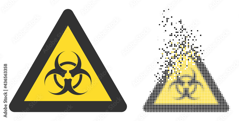 Fractured pixelated biohazard warning vector icon with destruction ...