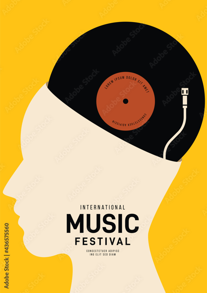 Music poster design template background with human head and vinyl ...