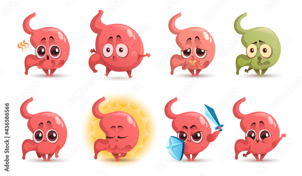 Cartoon stomach character, cute mascot with sword and shield, ulcer ...