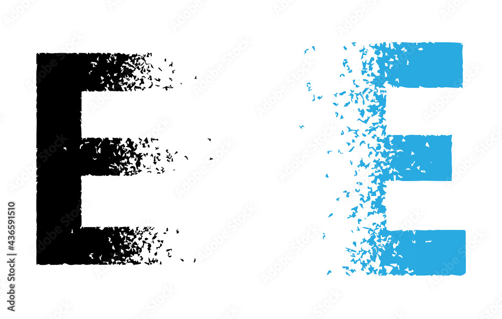 Capital letter E in dispersion effect as graphic design element black ...
