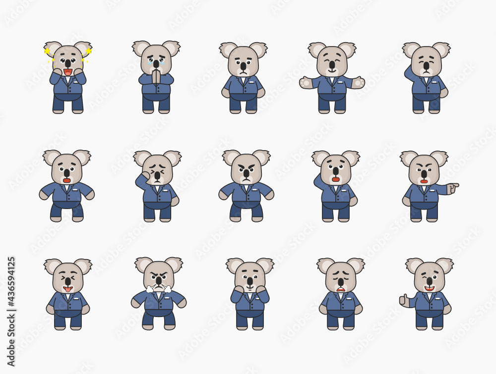 Set of koala bear characters in business suit showing various emotions ...