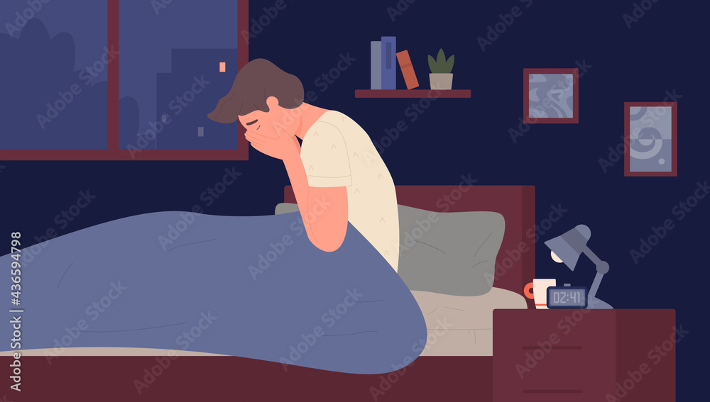 Insomnia at night, sleep mental disorder vector illustration. Cartoon ...