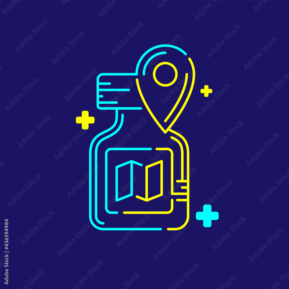 Logo covid-19 vaccine bottle map and GPS navigator sign with cross icon ...