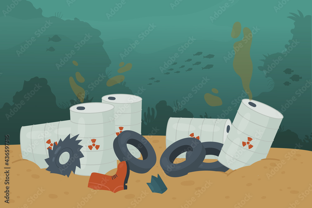 Waste trash pollution in ocean sea water and bottom vector illustration ...