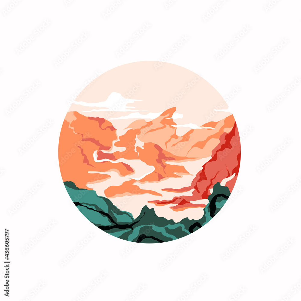 Mountain landscape flat cartoon illustration. Trendy round nature view ...