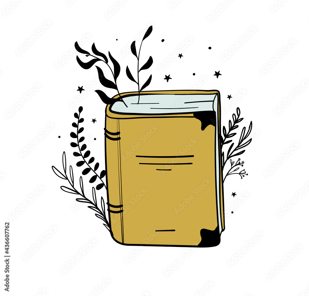 Old yellow book with plant branches and leaves, vintage boho design ...