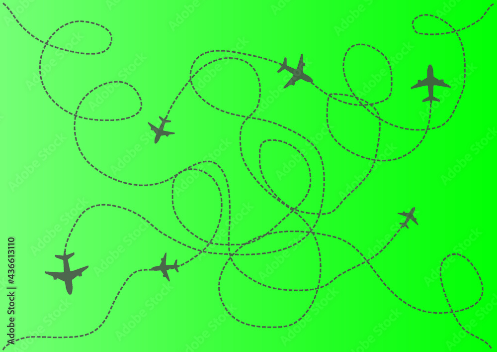 Summer green 2D vector background of aircraft and their flying path ...