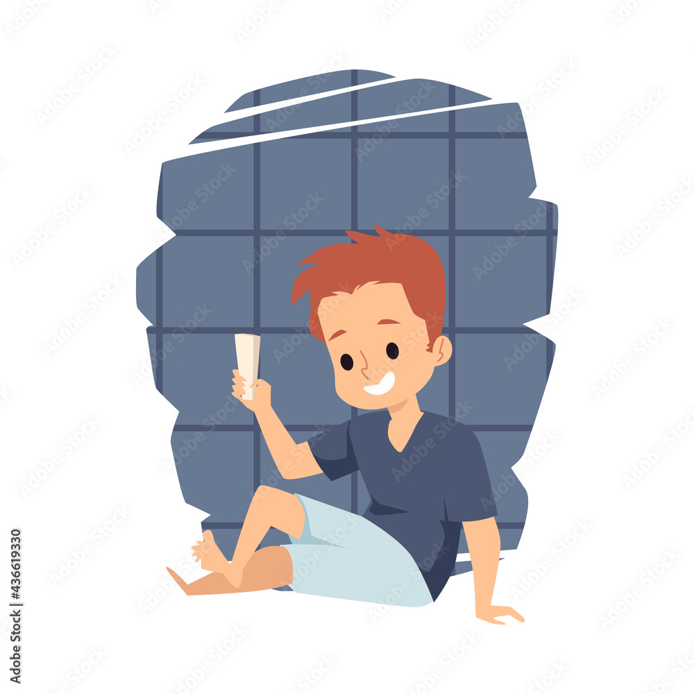 Kid boy cut finger nails sitting in bathroom a flat cartoon vector ...