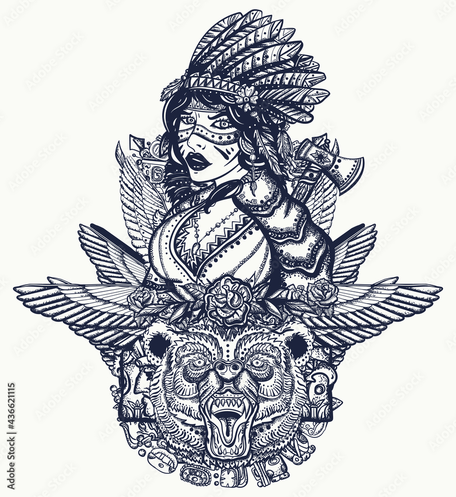 Tribal indian woman, bear grizzly head and mayan symbols. Esoteric ...