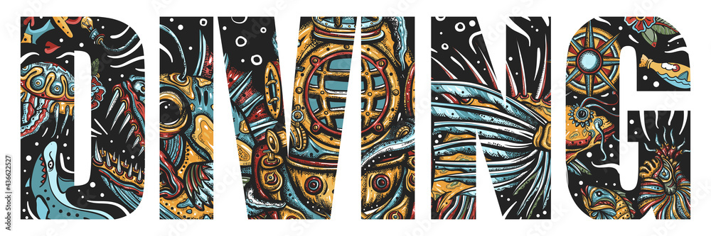 Diving slogan. Double exposure lettering. Scuba diver helmet, octopus ...