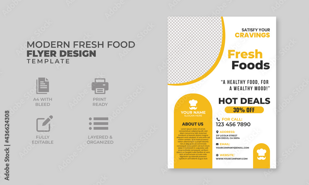 Modern fresh food flyer design template yellow and white layout, a4 ...