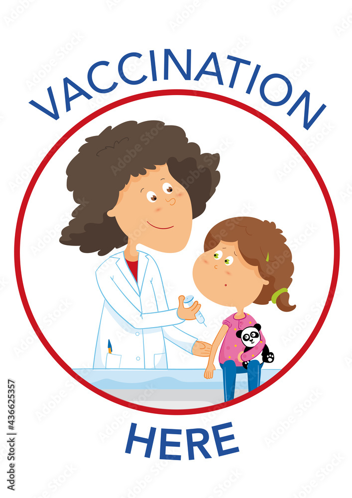 Vaccination center sign. Covid-19, coronavirus little girl got a ...