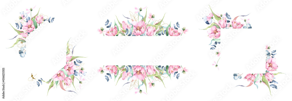 Frames set with hand painted watercolor flowers, delicate floral ...