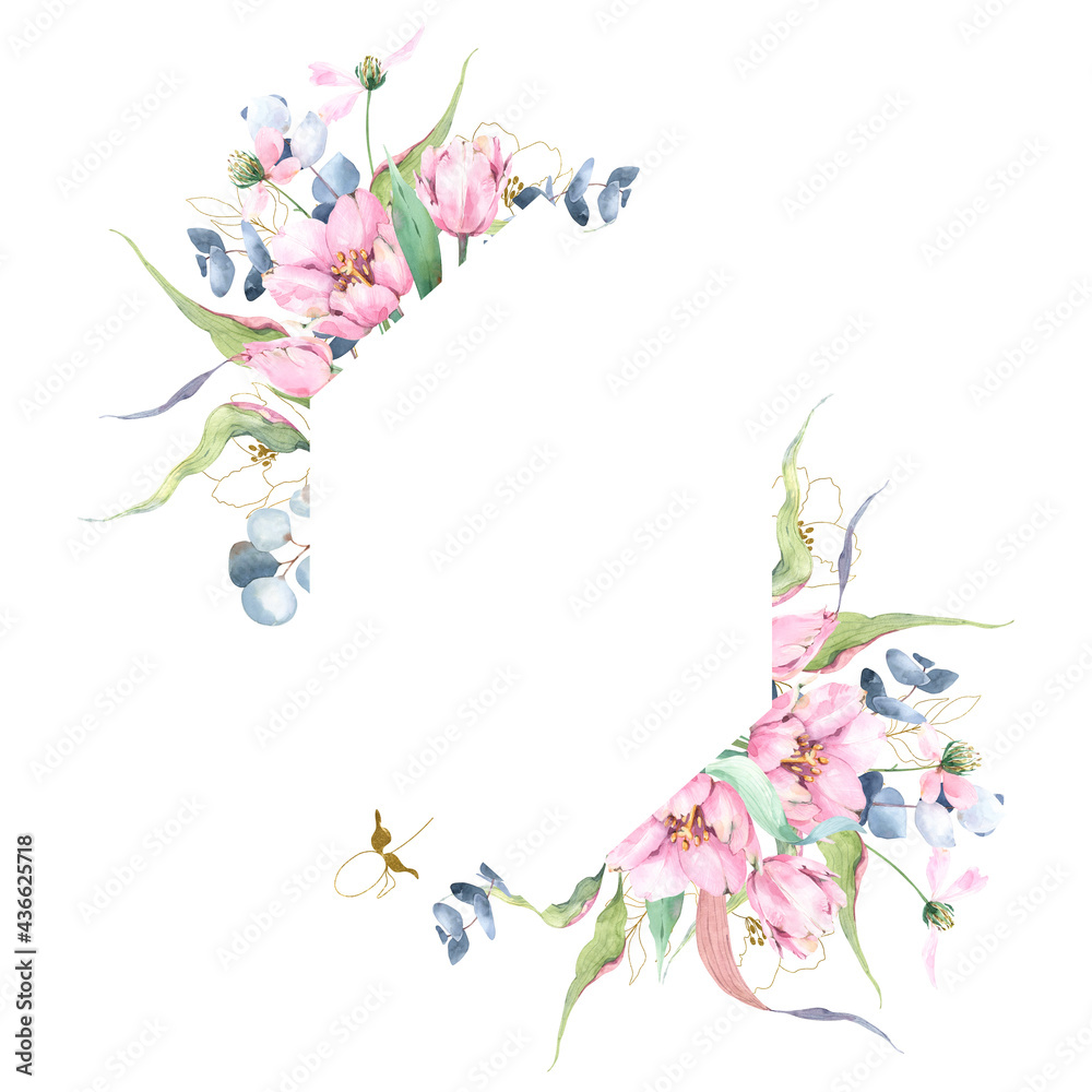 White diamond frame with hand painted watercolor flowers, botanical ...