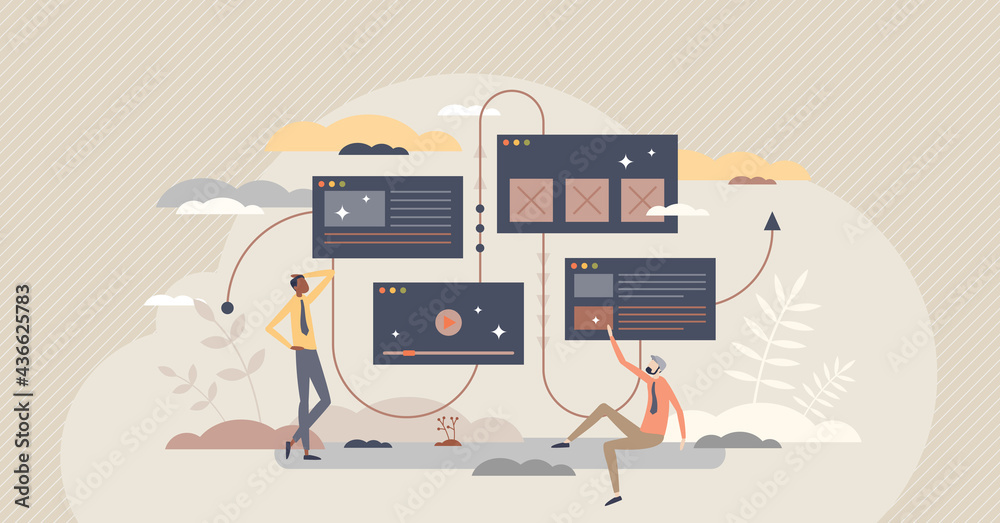 Website user flow with visitor path guide and navigation tiny person ...