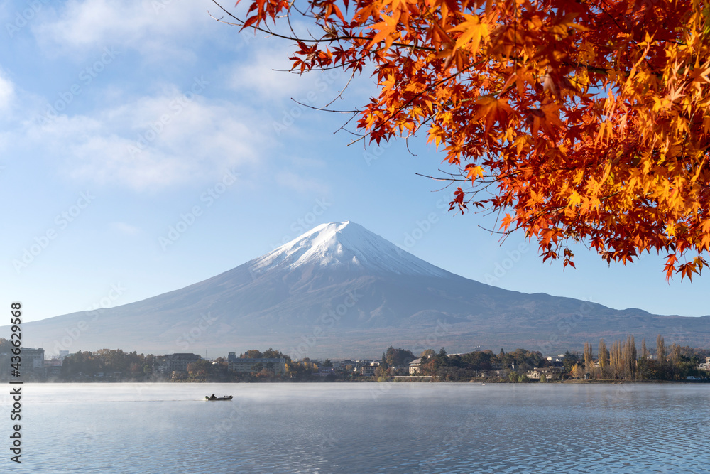 Japan Autumn Landscape and Mountain Fuji with morning fog and nature ...