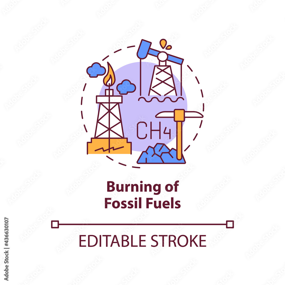 Fossil fuels burning concept icon. Human carbon emissions cause ...