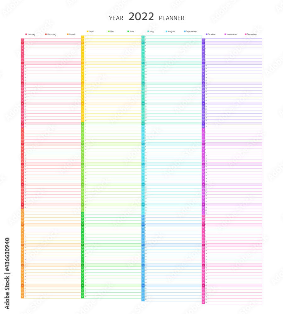 Planner for 2022 year, calendar grid. Template of organizer for ...