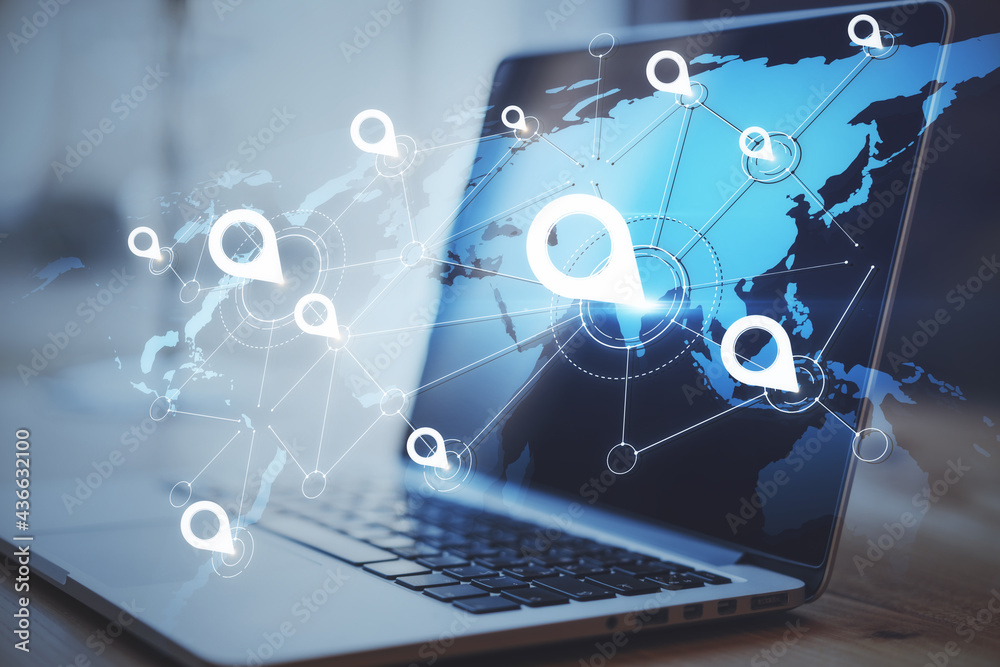 Internet and global connection concept. Close up of digital map with ...