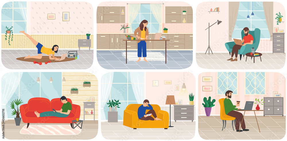 People and their everyday household chores and hobbies series of ...