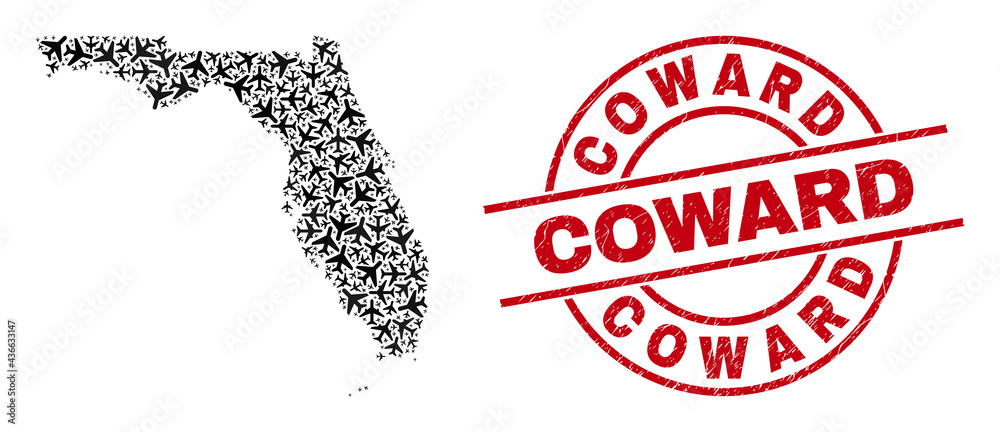 Coward rubber badge, and Florida State map mosaic of airplane elements ...