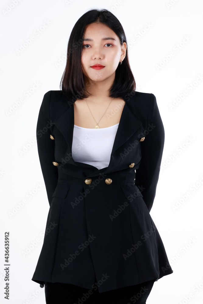 Young teen fresh businesswoman in formal black suit smile with cute and ...