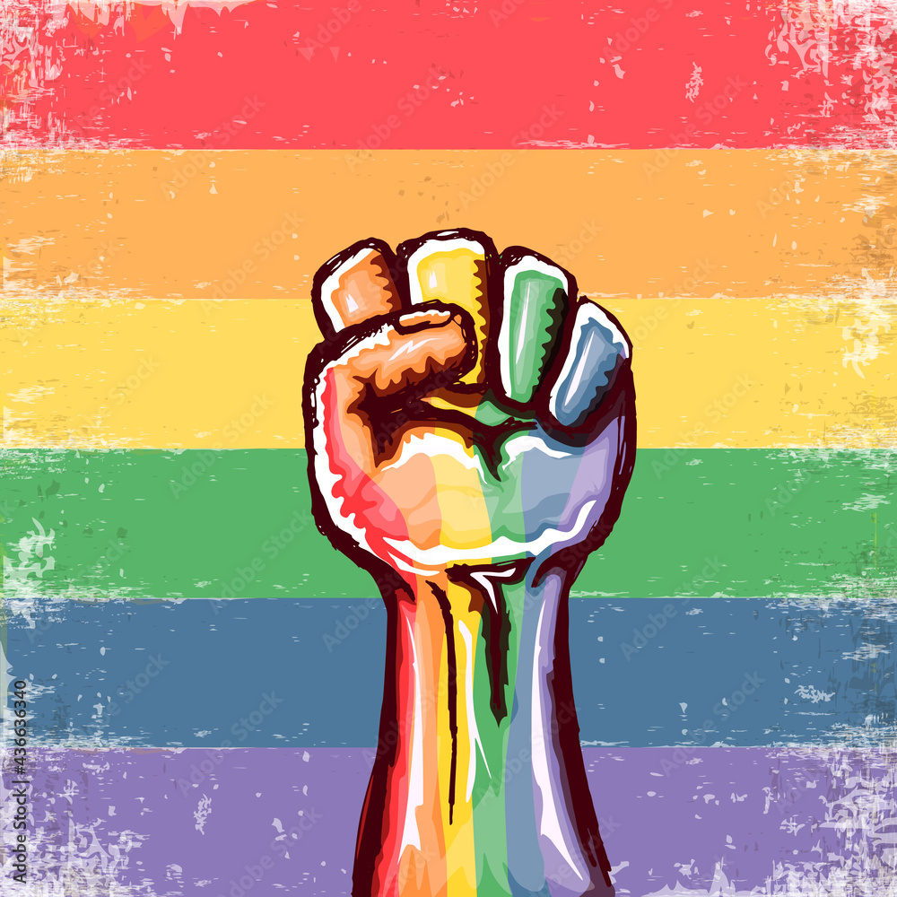 Rised LGBT fist colored in lgbt flag isolated on pride flag background ...