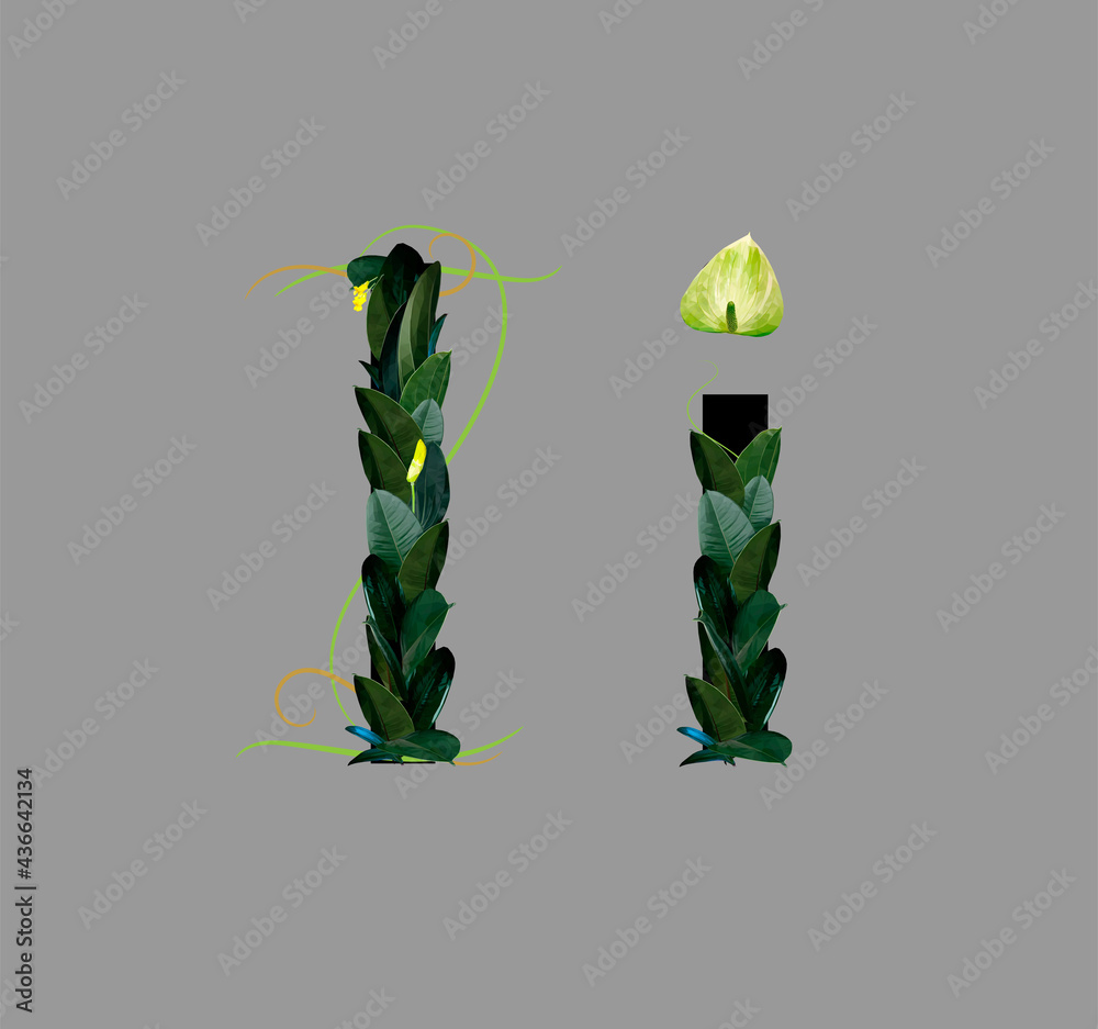 Vector floral upper and lowercase letter I with fresh green leaves and ...