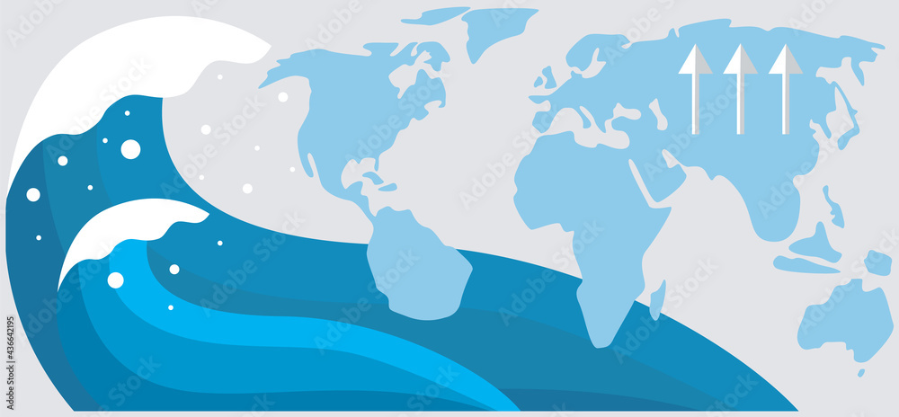 Planet with tsunami natural disaster. Huge wave is about to cover and ...