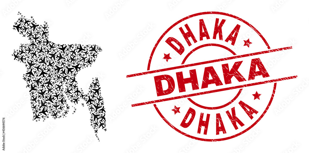 Dhaka distress stamp, and Bangladesh map mosaic of air force items ...