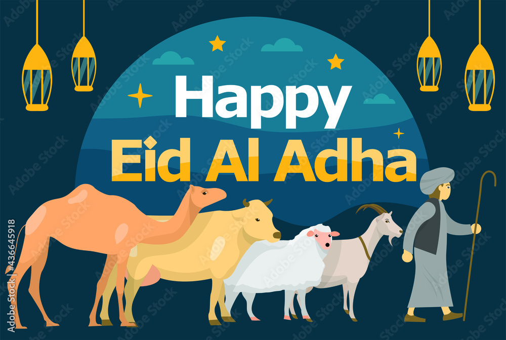 Happy Eid Al Adha Hari Raya Aidiladha Islamic Holiday Shepherd and ...
