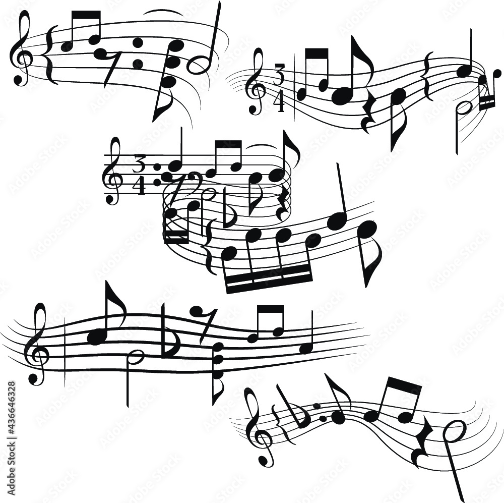 Vector set of musical scores. Monochrome musical notes and G clef ...