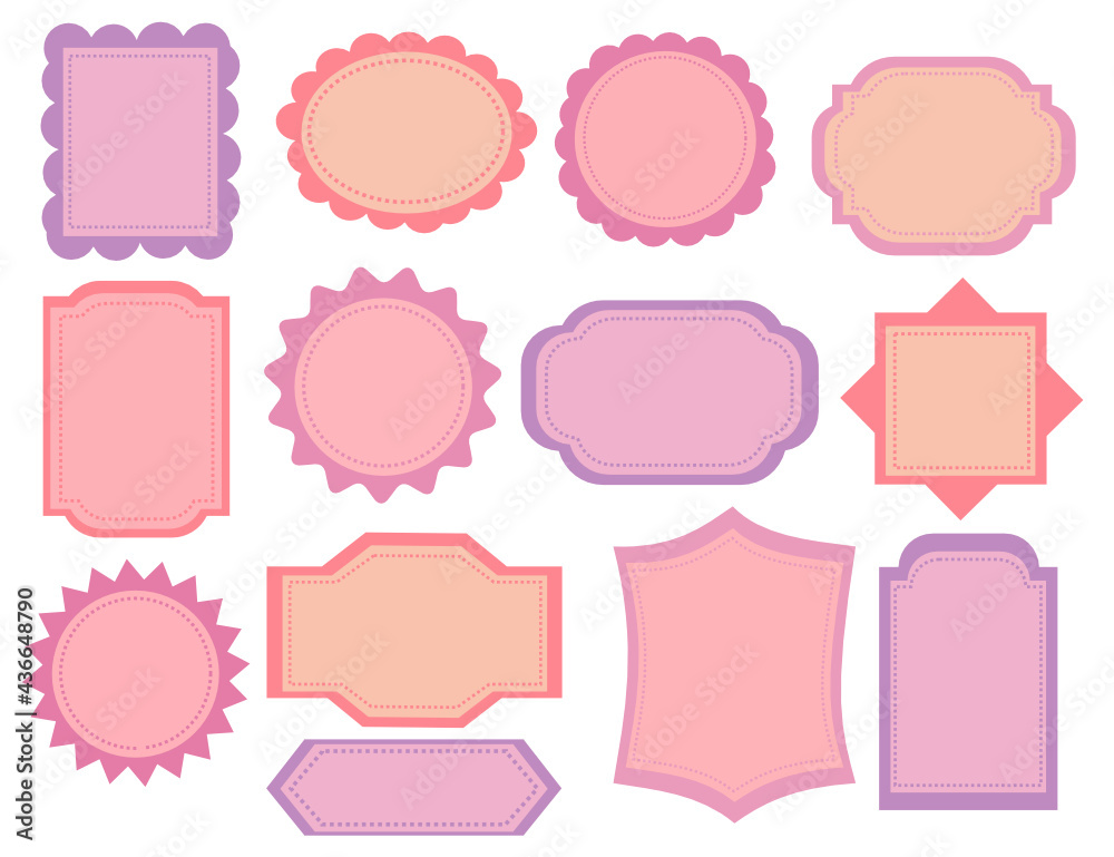 Collection of pink and purple labels.Set of vintage frames.Text box ...