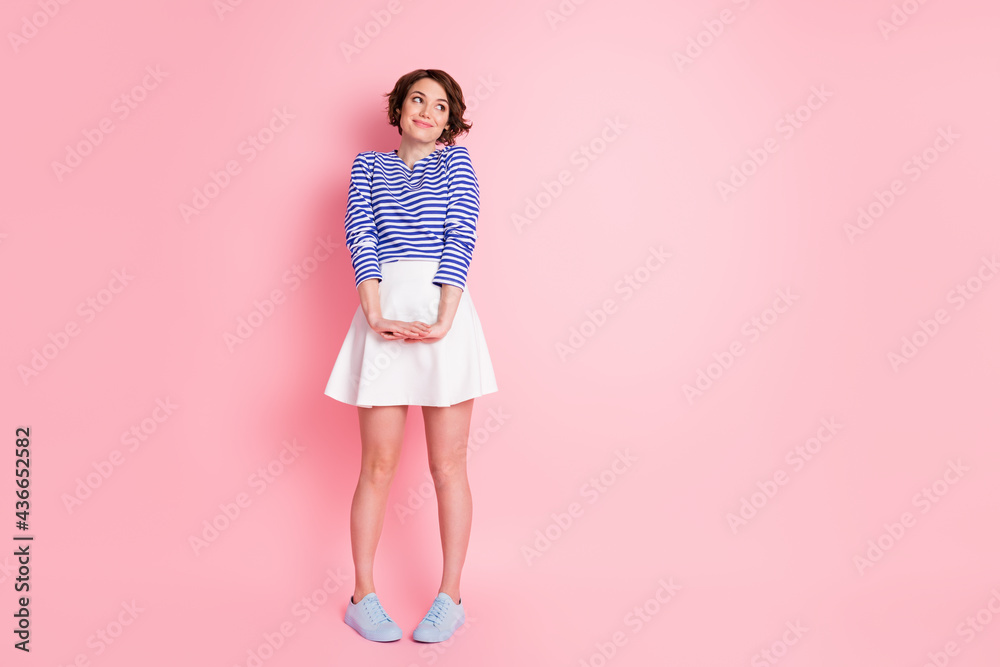 Full size photo of young pretty attractive shy modest girl wear white ...