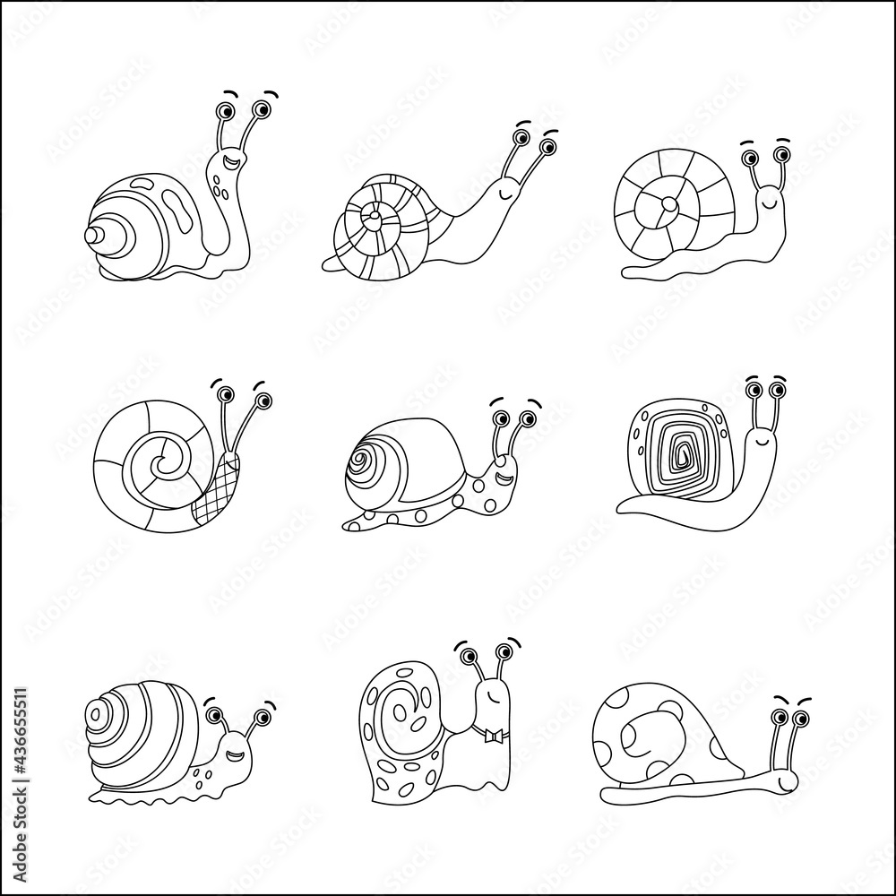 Cartoon snail set - vector illustration of cute animal outline ...