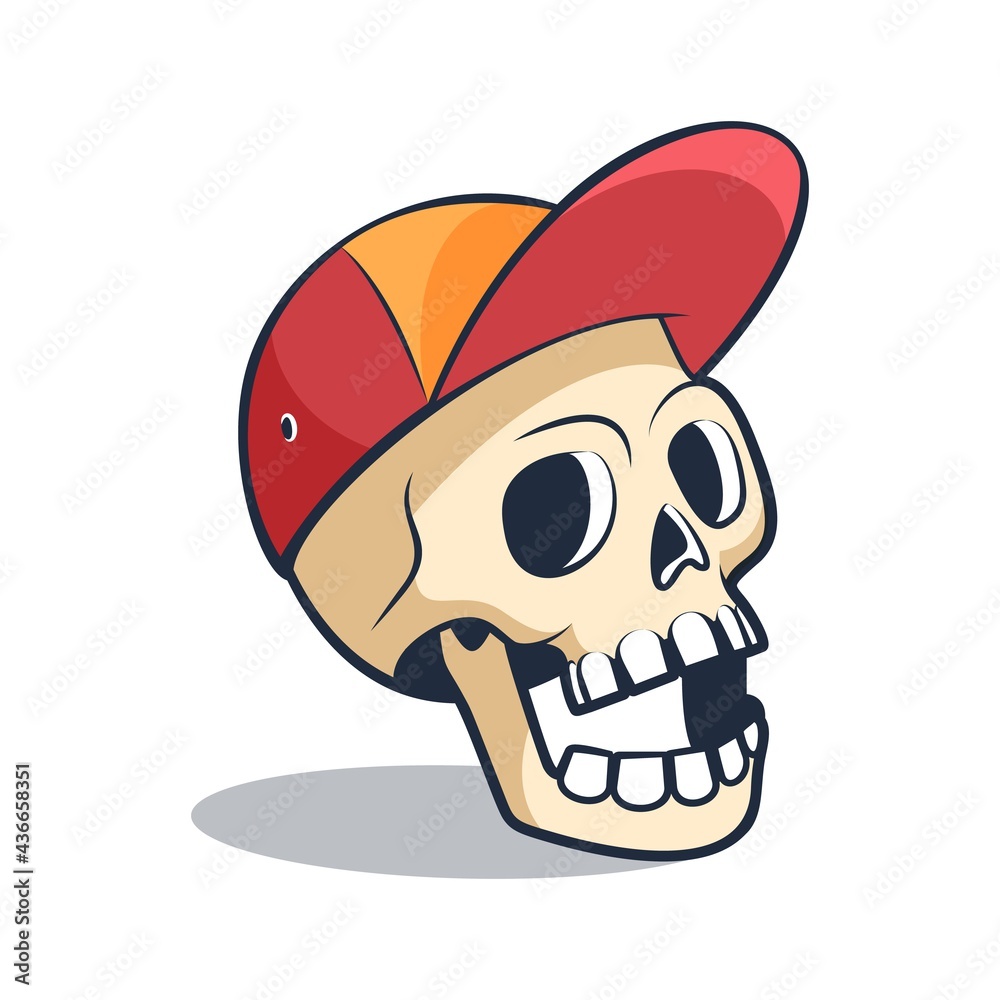 Funny Skull in red baseball cap. Cartoon skull open mouth. Vector ...