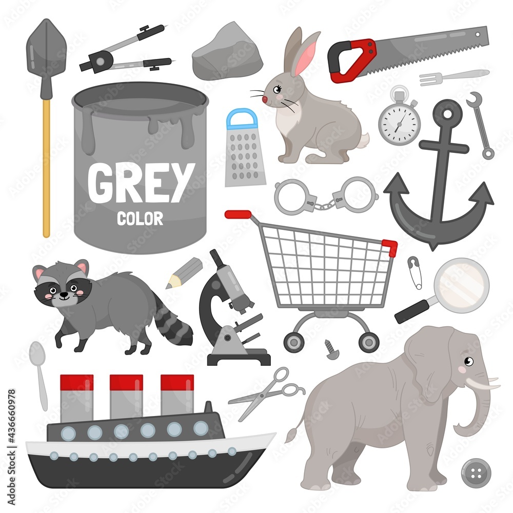 Vector set of grey color objects. Learn grey color. Illustration of ...