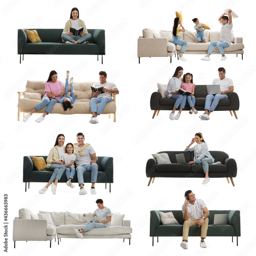 People resting on different stylish sofas against white background ...