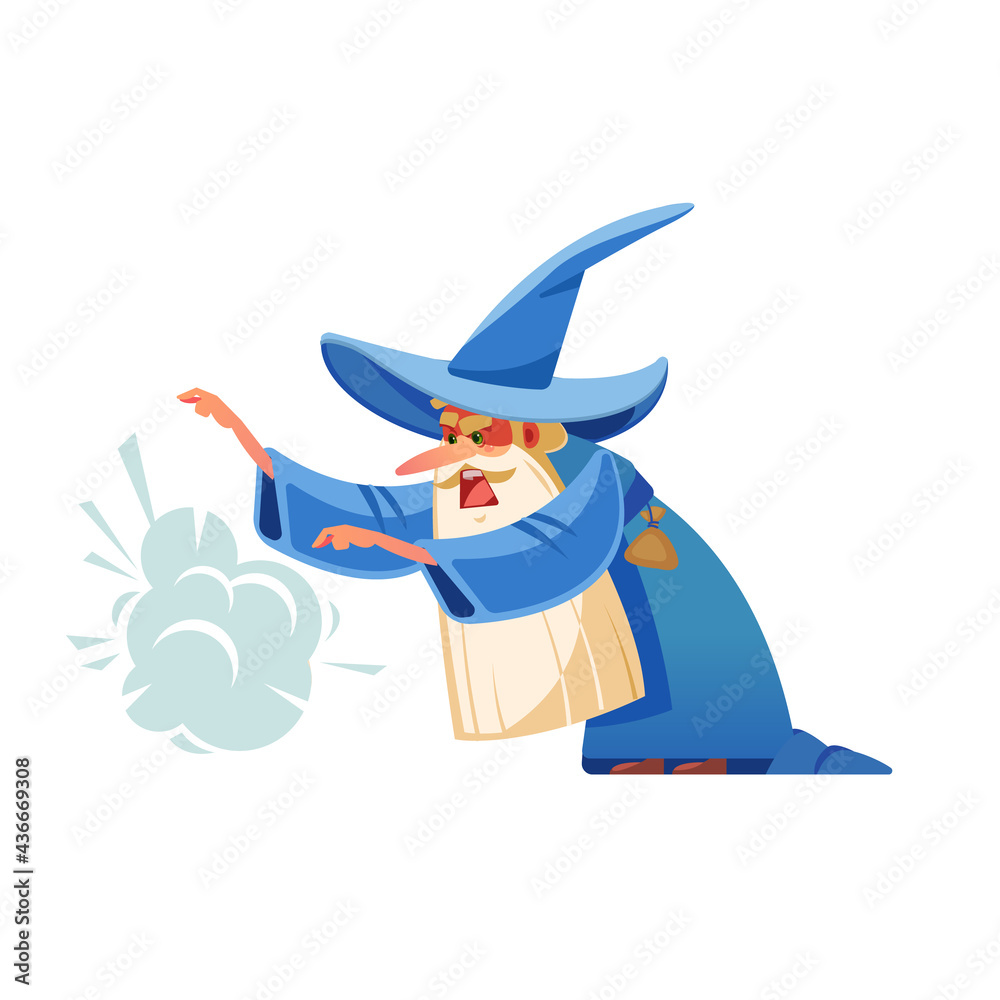 Angry small Sorcerer. Mysterious male magician in robe spelling oldster ...