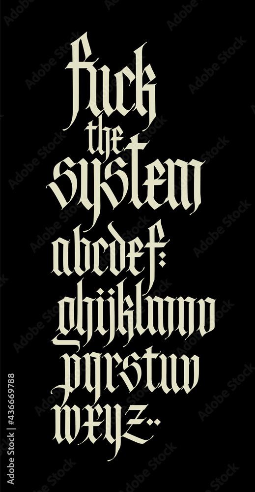 Gothic style alphabet. Letters and symbols on a black background ...