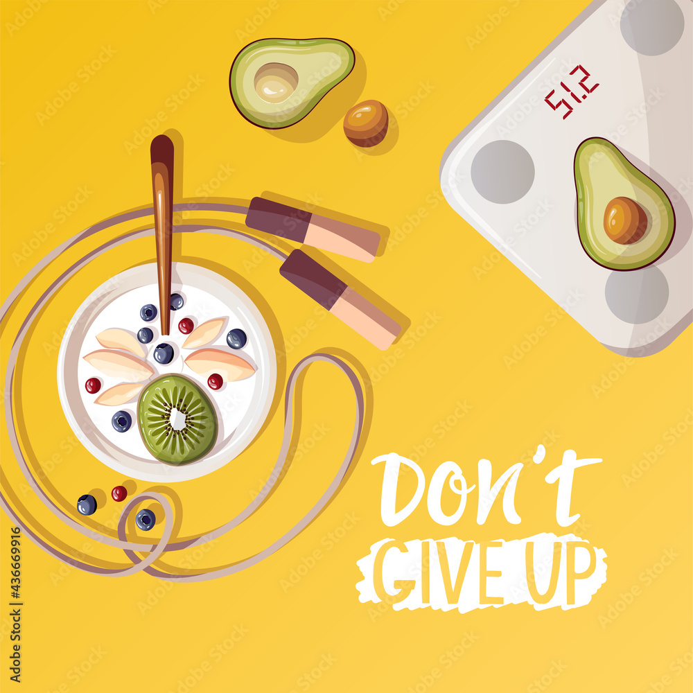 Card design with jumping rope, scales, fruits and hand written ...