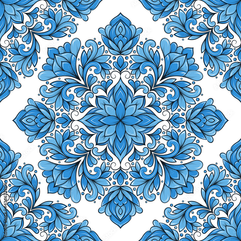 Blue and white luxury seamless pattern on a white background. Vector ...