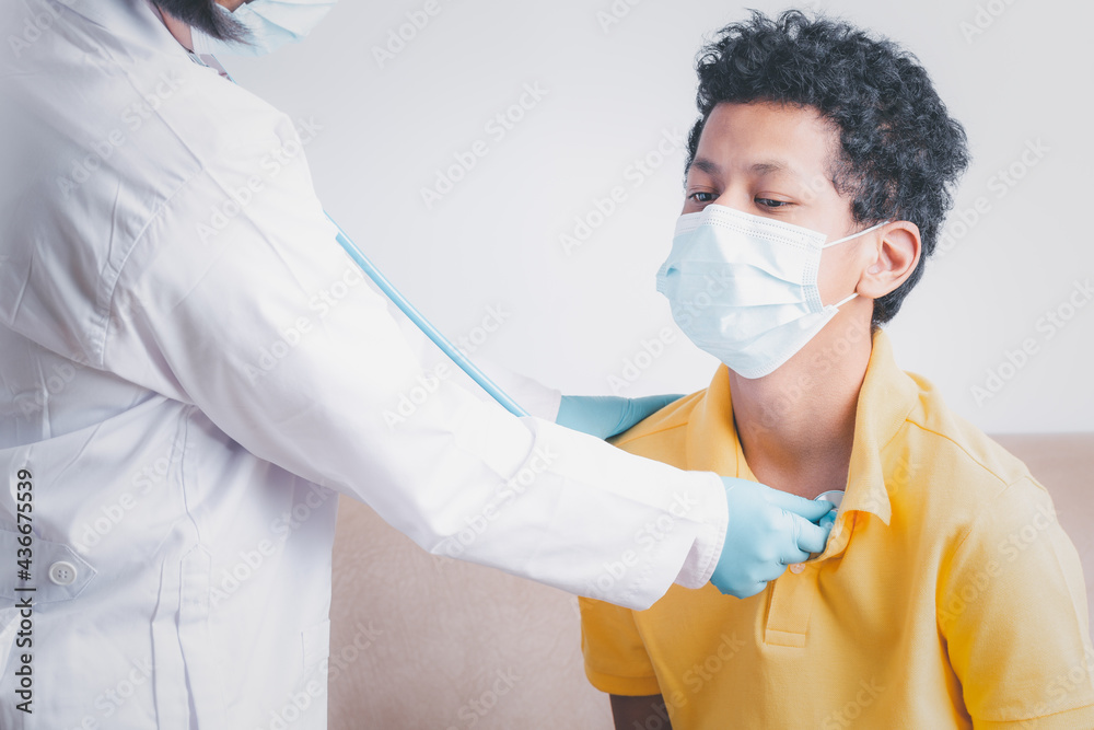 Medical health care, Woman doctor check body young boy by stethoscope ...