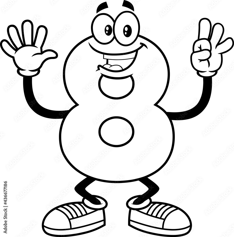 Outlined Funny Number Eight 8 Cartoon Character Showing Hands Number ...