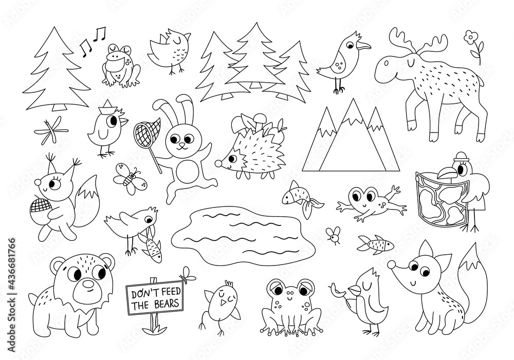 Vector black and white forest animals, insects and birds set. Funny ...